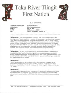 Atlin Hydro Expansion Project – Taku River Tlingit First Nation